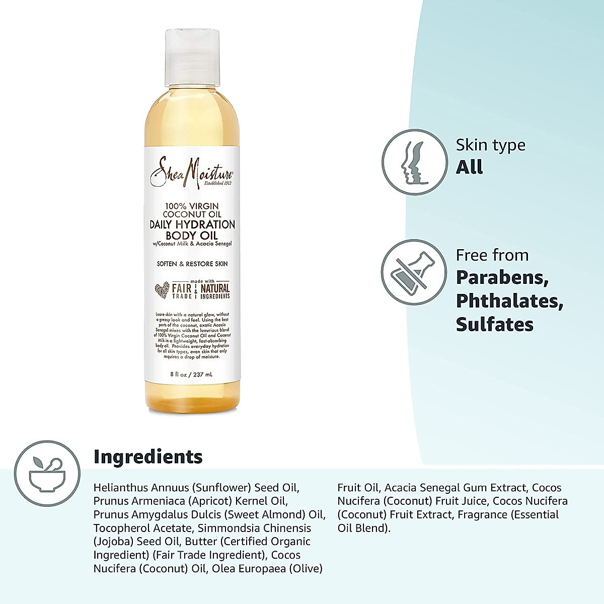 SheaMoisture Body Skin Care, Daily Hydration Body Oil with Virgin Coconut Oil & Shea Butter, Soften & Restore Radiant Healthy Glow to Dull Skin, Paraben Free