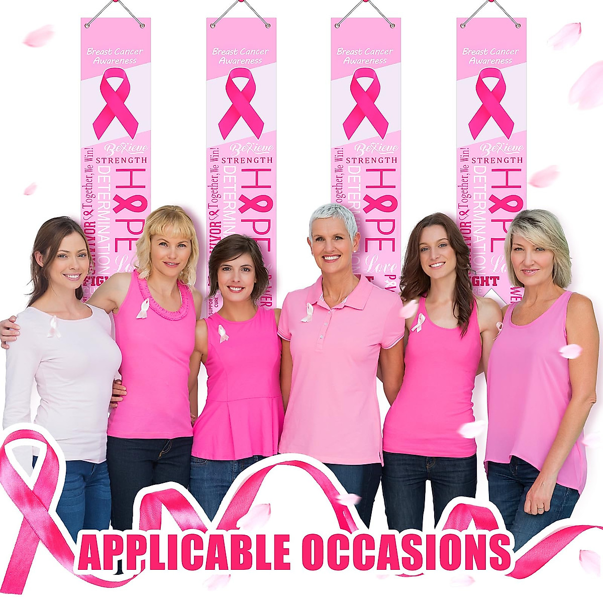 12 Pieces Pink Ribbon Hanging Banner Breast Cancer Awareness Banner Decorations Hope Faith Strength Courage Banner Porch Sign Background for Party Breast Cancer Awareness Event