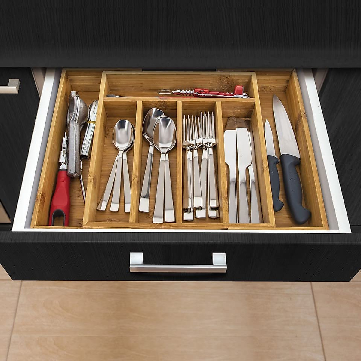 Noveltia Bamboo Expandable Silverware Drawer Organizer with 5-7 Compartments. Kitchen Cutlery Holder Storage Tray with Dividers for Utensils, Flatware, Office Supplies, Forks, Spoons, Jewelry