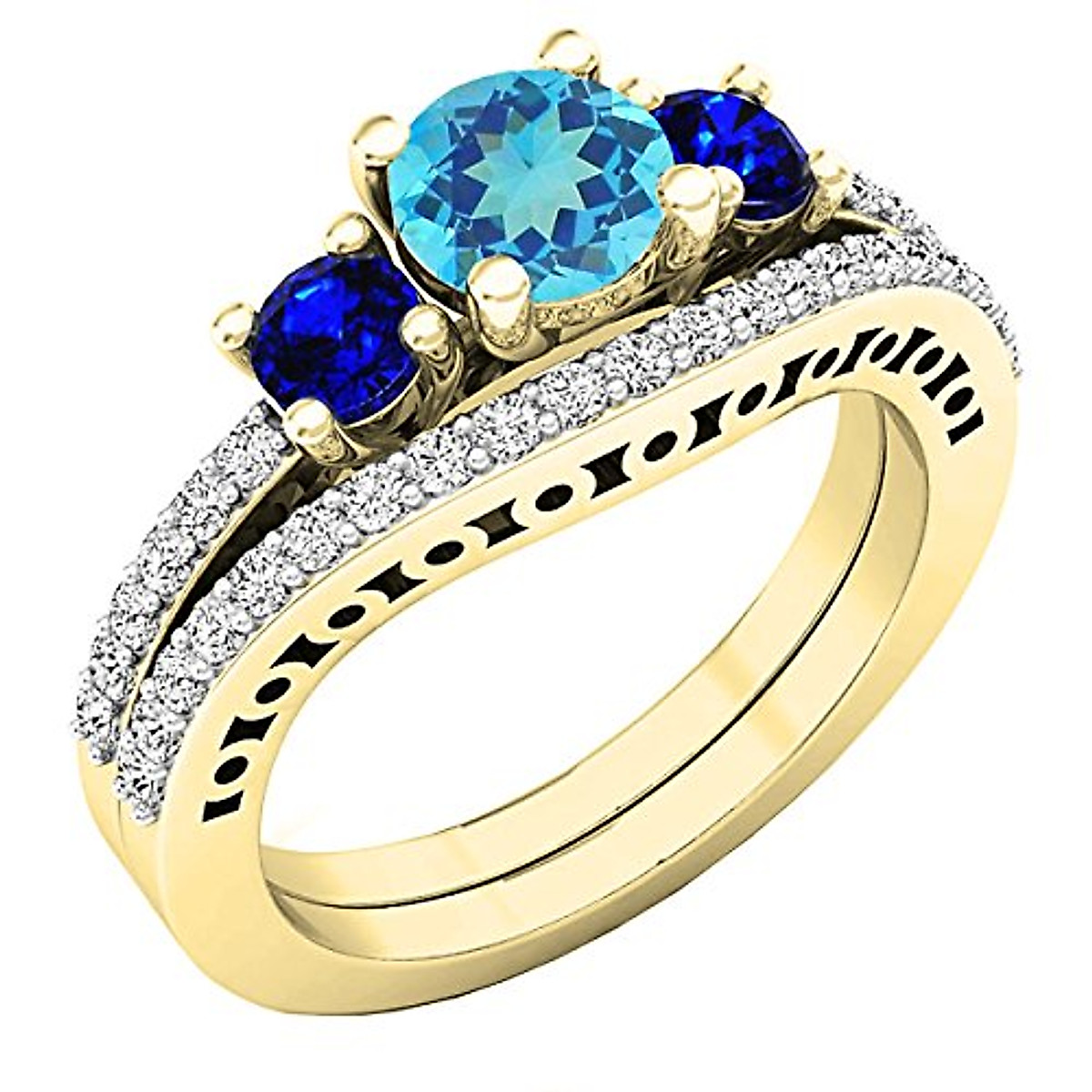 Dazzlingrock Collection 5.5 MM Round Blue Topaz,Blue Sapphire & Diamond Wedding Ring Set in 14K Yellow Gold, Size 8