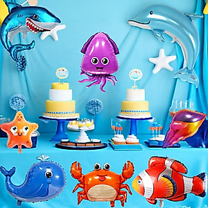 Jiahaoppx 10 Pcs Sea Animal Balloons, Large Shark Dolphin Whale Octopus Fish Hippocampus Crab Sea Lion Conch Starfish Ocean Foil Balloons for Sea Underwater Animals Theme Party Decoration