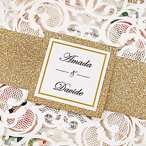 DreamBuilt 6.3 x 6.3 inch Ivory Laser Cut Wedding Invitations Cards with Gold Glitter Border and Bellyband for Wedding Bridal Shower (Ivory, 50pcs Blank)