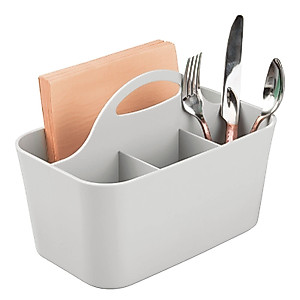 mDesign Plastic Cutlery Storage Organizer Caddy Bin Tote with Handle - Kitchen Cabinet Divided Pantry Basket for Forks, Knives, Spoons, Napkins, Indoor/Outdoor Use, Lumiere Collection, Light Gray