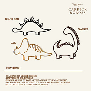 Carrick & Cross – Dinosaur Wall Decor, Wooden Wall Decals – Featuring, Black Oak Stegosaurus, Oak Triceratops & Walnut Brachiosaurus - Dino Wall Art, Perfect in any themed Room; Nursery or Bathroom