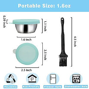 GUMBALL 6 Pack Salad Dressing Container To Go, 1.6oz Stainless Steel Sauce Containers Condiment Cups with 8 Silicone Lids for Lunch Bento Box, Leakproof, Easy to Open - 1 Extra Deep Clean Brush