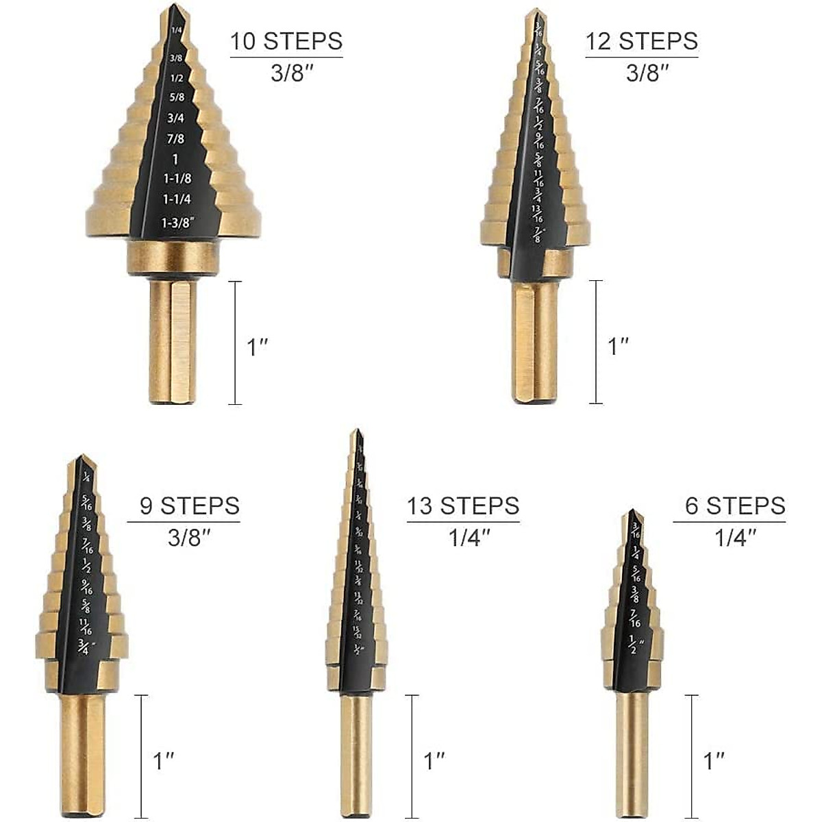 Loboo Idea 6 Pieces/Set Step Drill Bit Set & Automatic Center Punch (6-Pieces/Set, Black)