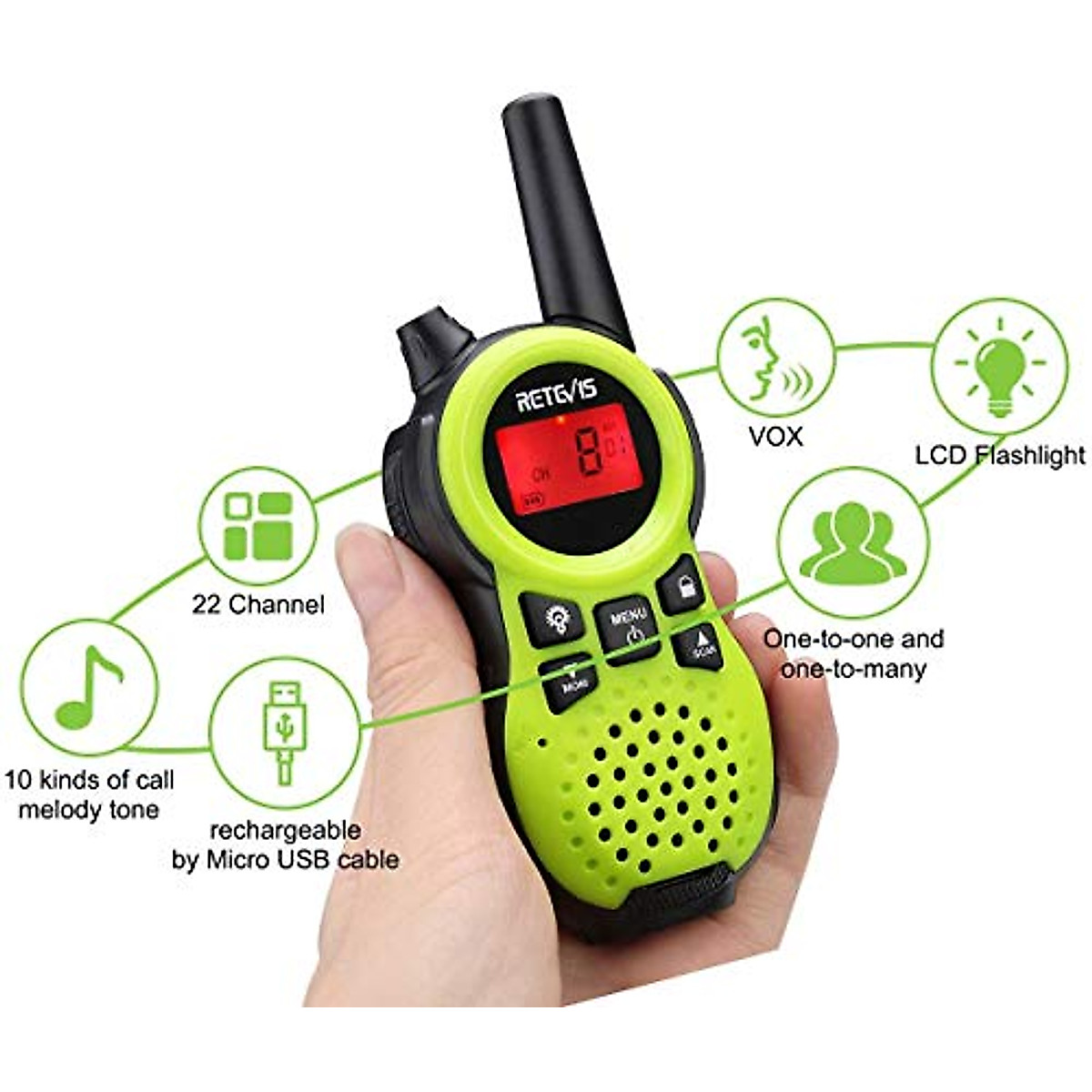 Retevis RT38 Walkie Talkies for Kids, Kids Walkie Talkie 3 Pack, Toy Gifts for Boys Girls,22 CH Hands Free Small Size USB Port, Long Range Family Camping Traveling(Red Blue Green)