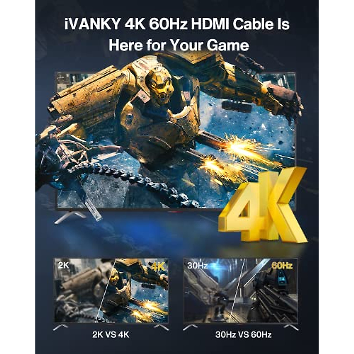 4K HDMI Cable 10 ft, iVANKY 18Gbps High Speed HDMI Cables, 4K@60Hz HDR HDMI 2.0 Aluminum Shell&Braided HDMI Cord, 4K 2K 1080P 3D 32AWG ARC for MacBook Pro 2021,UHD TV,Laptop,Monitor,PS4,Xbox One,&More