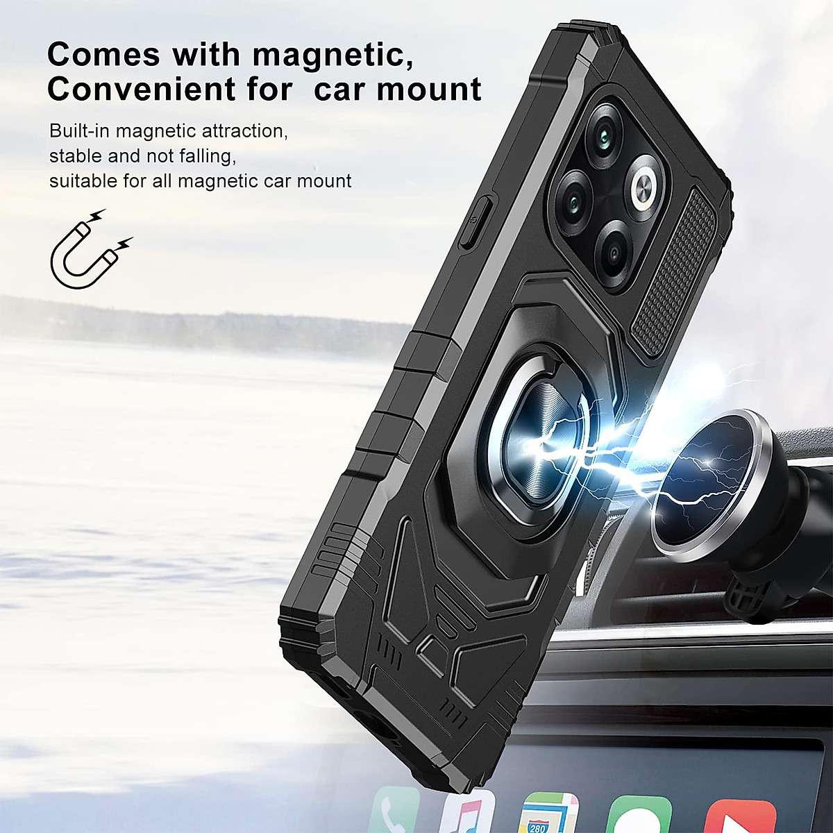 Ailiber Case for OnePlus 10T 5G with Tempered Glass Screen Protector, Ring Kickstand for Magnetic Car Mount, Heavy Duty Shockproof Protective Hard Phone Cover - Black