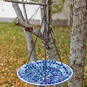 Lily's Home Hanging Colorful Mosaic Glass Bird Bath Bowl - 11" Diameter. (Blue)