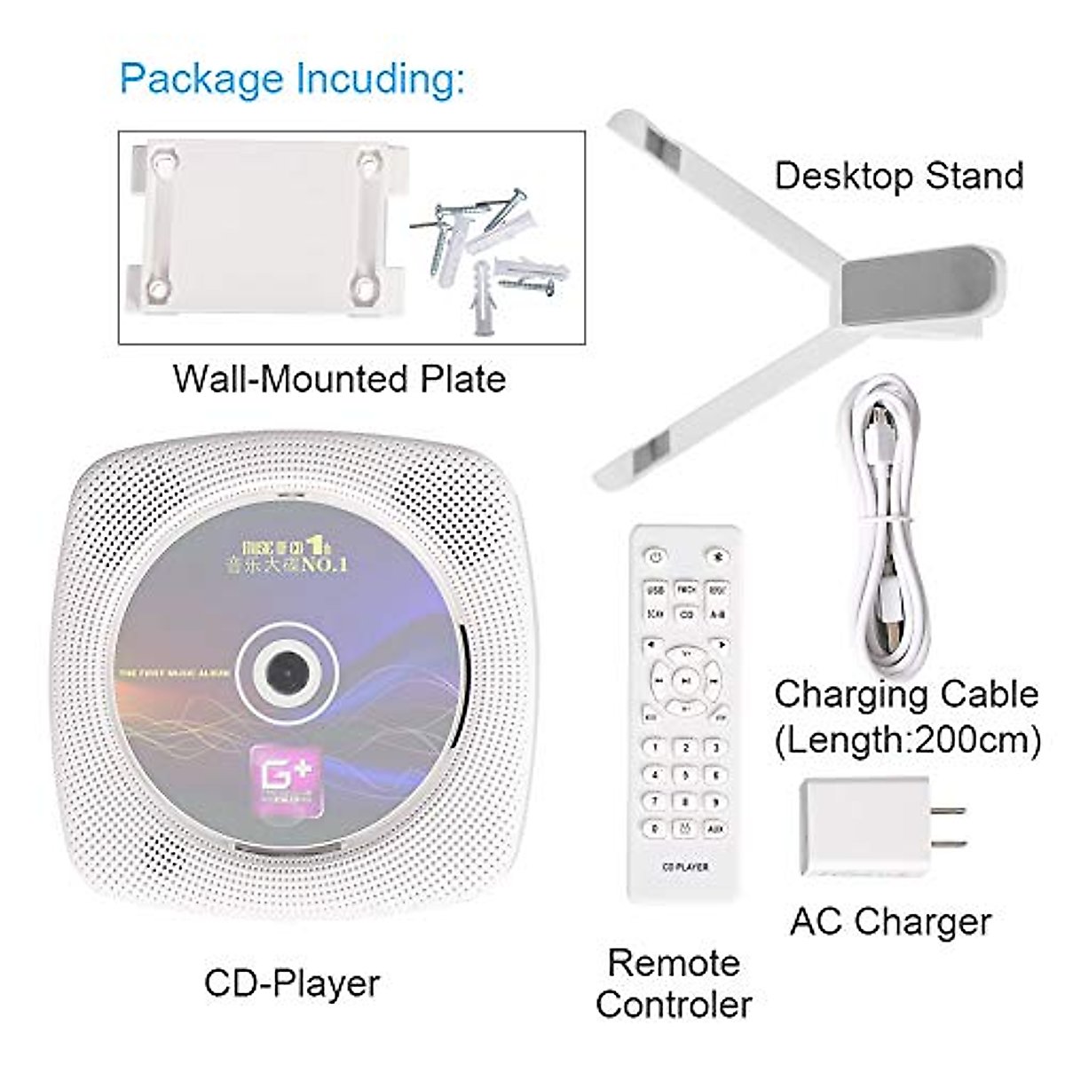 CD Player, Bluetooth HiFi Speaker, USB Flash Player, AUX line-in Audio Boombox, FM Radio, Portable, Wall Mountable and Desk Stand, with Remote Control