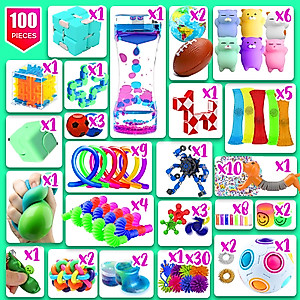 nobasco 100 Pack Sensory Fidget Toys Set, Party Favor Toy Assortment, Birthday Gifts Toys, School Classroom Rewards, Carnival Prizes, Pinata Fillers Goodie Bags Fillers for ADHD Autism Stress Anxiety