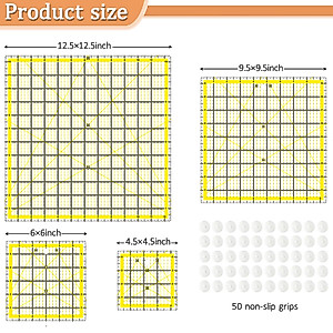 VPVPV 4 Piece Quilting Ruler,Acrylic Square Ruler,Quilting Templates,with Non Slip Rings 25 Pieces（4.5“X4.5”、6“X6”、9.5“X9.5”、12.5“X12.5”） (Yellow)