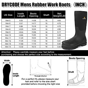 D DRYCODE Work Boots for Men with Steel Shank, Waterproof Rubber Boots 7mm Neoprene Insulated Anti-slip Mud Rain Boots, Black, Size 5-14
