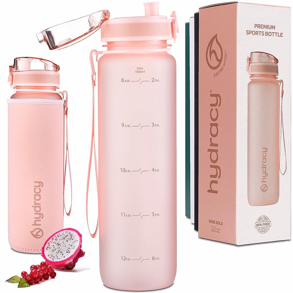 Hydracy Water Bottle with Time Marker -Large 32oz BPA Free & No Sweat Sleeve -Leak Proof Gym Bottle with Fruit Infuser Strainer & Times to Drink -Ideal Gift for Fitness Sports & Outdoors