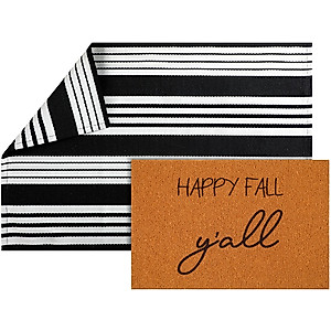 Tinideya 2 Pcs Fall Front Door Welcome Doormat Set Includes 24 x 35 Black and White Striped Mat 16 x 24 Welcome Mat Coir Door Mat Autumn Doormat Washable for Outdoor Indoor Entrance(Happy Fall)