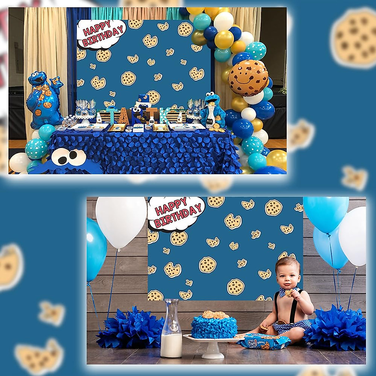 Rcoaror Cookie Birthday Backdrop Blue Monster 1st Birthday Party Background Our Little Cookie is Turning One Banner Kids Boys Cake Table Decorations Cookies and Milk Props 71X47inch