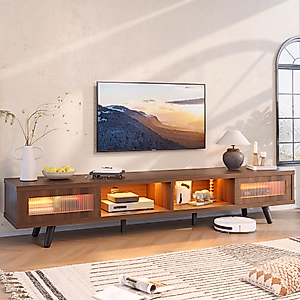 Bestier Mid Century Modern TV Stand for 75 inch TV, LED Entertainment Center with Storage and Sliding Doors, Low Profile TV Consoles for Living Room, Ancona Walnut