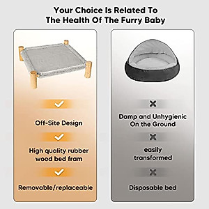 FLUFFEE Cat Hammock Bed, Wooden Elevated Cat Bed for Indoor Cats, Portable Washable Raised Pet Bed for Kitten Puppy Rabbit - Grey