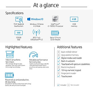 HP 15-Inch HD Touchscreen Laptop, 10th Gen Intel Core i3-1005G1, 4 GB SDRAM, 128 GB Solid-State Drive, Windows 10 Home in S Mode (15-dy1010nr, Natural Silver), 15-15.99 inches