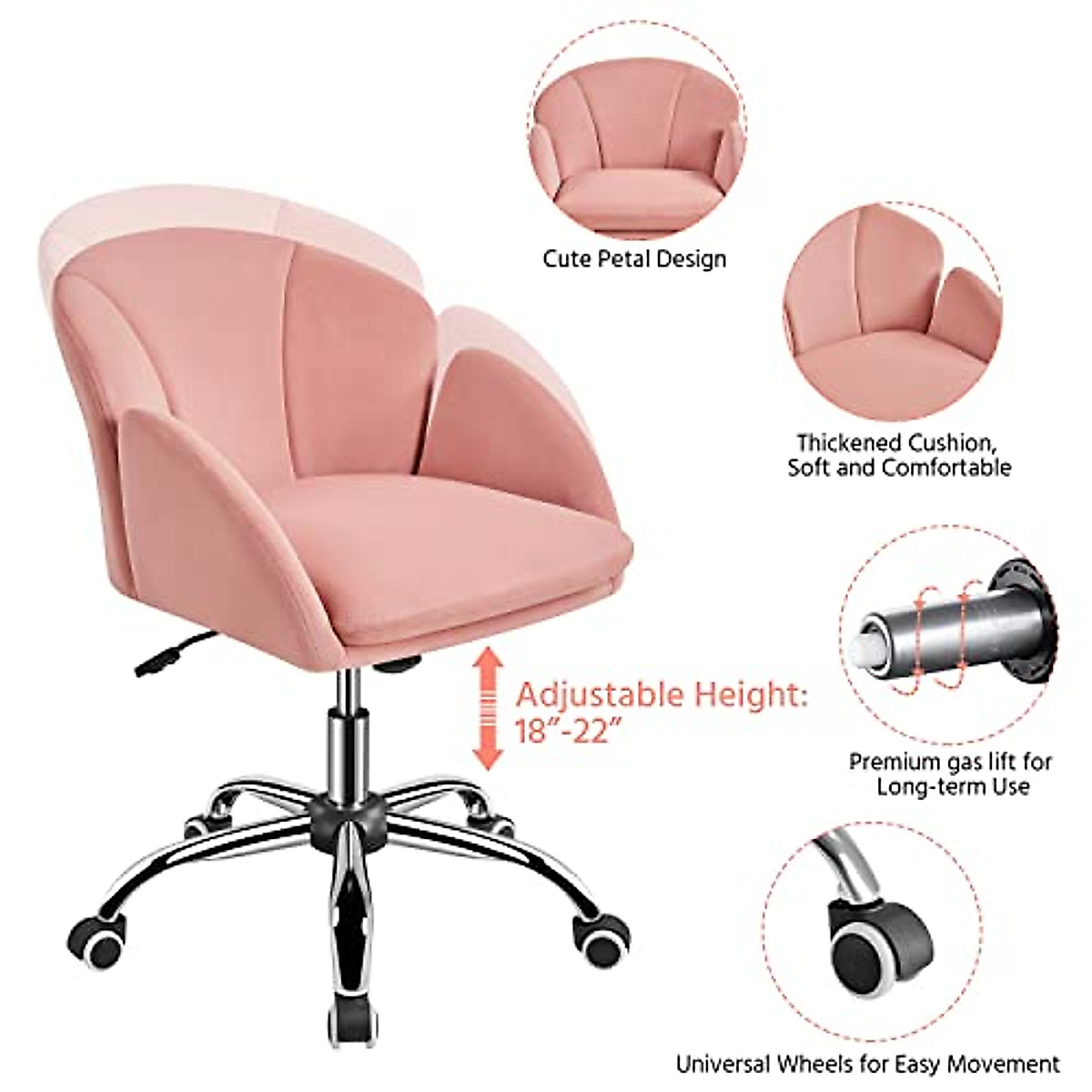 Yaheetech Cute Velvet Desk Chair for Home Office, Makeup Vanity Chair with Armrests for Bedroom Modern Swivel Rolling Chair for Women Pink