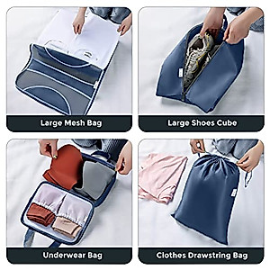 Packing cubes for essential travel - Set of 8 pcs of compression organizer for carry on suitcase, luggage mesh bags for accessories and clothing, laundry bag included (NAVY BLUE)