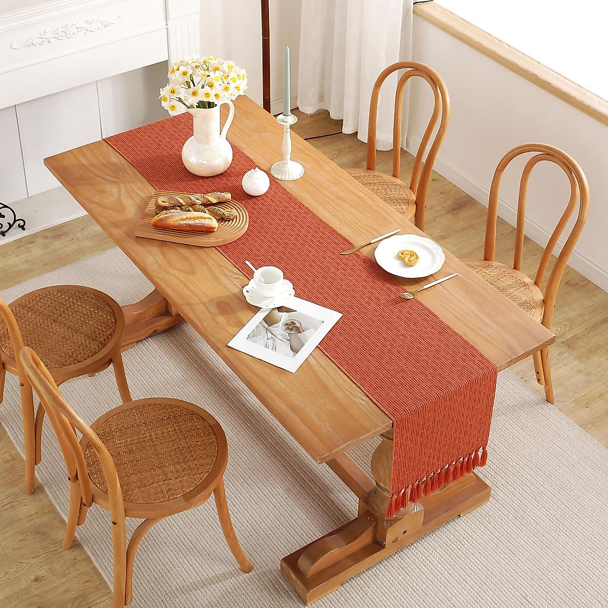 JIALE Fall Table Runner, Rustic Farmhouse Table Runners with Tassels 72 Inches Long, Boho Cotton Linen Table Runner for Table Decor, Holiday Party and Wedding, 13x72 Inches, Orange