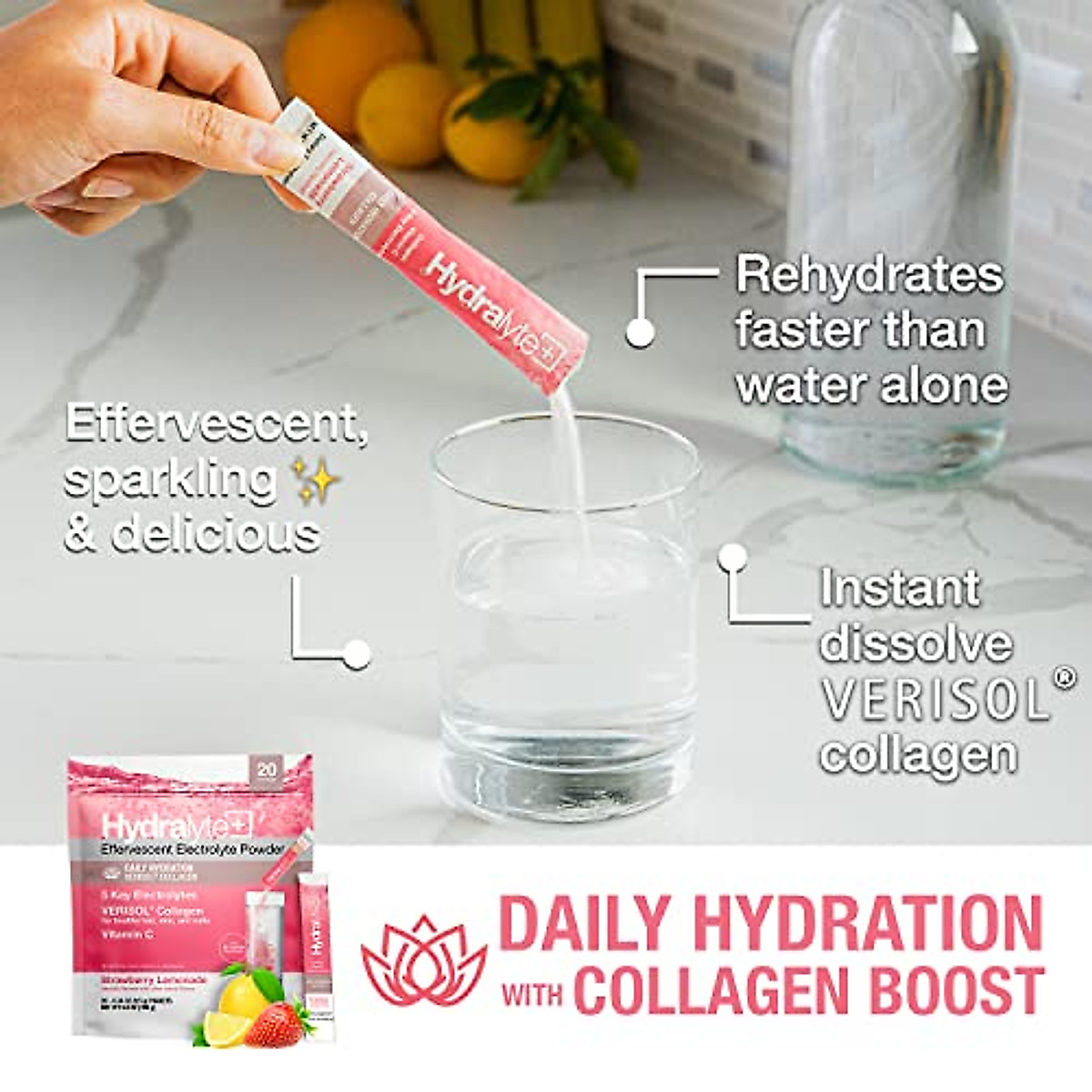 HydraLyte Electrolytes Plus Collagen, Lightly Sparkling Strawberry Lemonade VERISOL Collagen Powder Packets - Clinical Daily Dose of High Grade Collagen with Vitamin C and Zinc (8oz Serving, 12 Count)