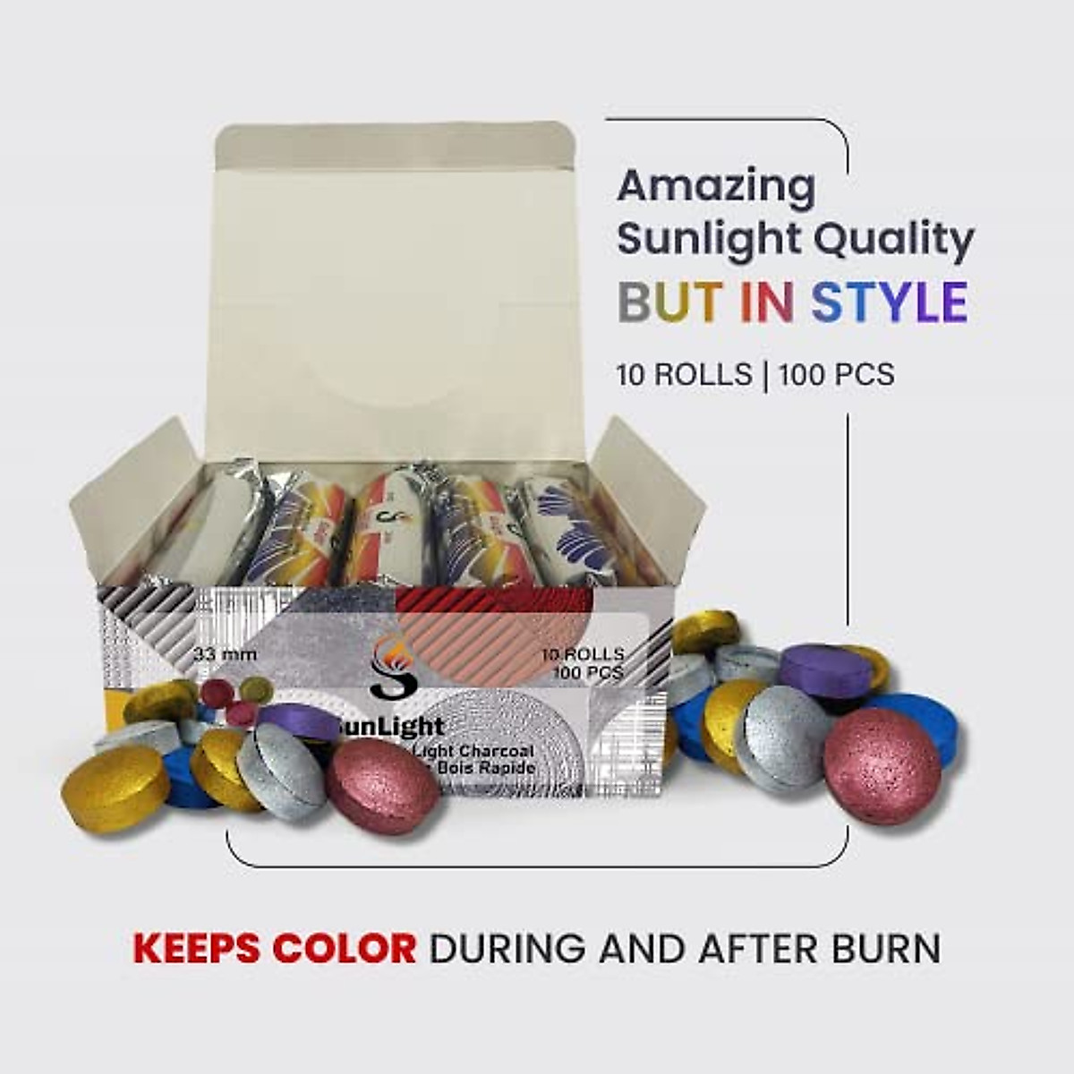 *New* Sunlight Colors - Charcoal Tablets for Incense – Quick Light Charcoal Tablets – Incense Charcoal for Parties – 33 mm Resin Burner Rolls – Pack of 100 Coal Briquettes - No Scent - No Smoke -