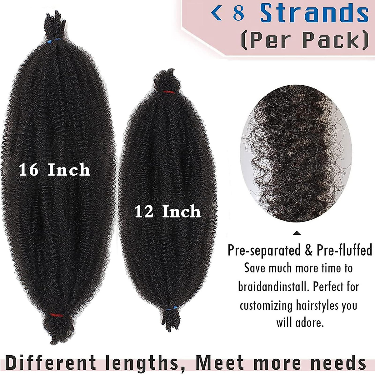 16 Inch Pre-Separated Springy Afro Twist Hair 8 Packs Spring Twist Hair For Distressed Soft Locs Natural Black Marley Twist Crochet Braiding Hair Synthetic Hair Extensions (8 Strands/Pack,1B#)