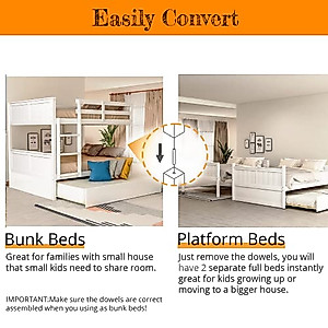 AOCOROE Full Over Full Bunk Beds with Trundle, 3 Beds Full Bunk Bed for Kids,Sturdy Wood Stackable Full Over Bunk Bed Frame for Kids Room,White