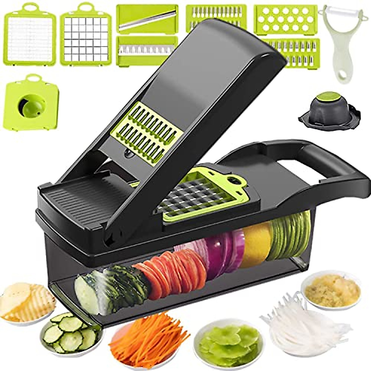 12 in 1 Vegetable Chopper, Heavy Duty Mandoline Slicer Potato Onion Chopper Food Chopper Veggie Chopper with Vegetable Peeler, Hand Guard and Container (Black)