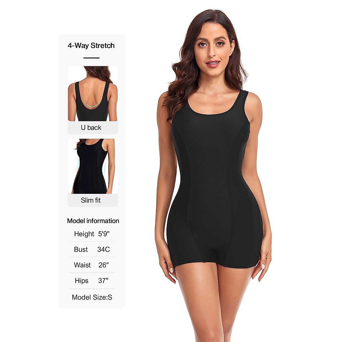 Ocean Blues Women's Black Athletic Boyshorts One Piece Bathing Suit with Contrasting Panels Swimsuits Built-in Bra Active Swimwear Size XXX-Large