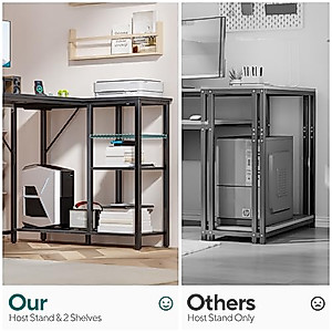 55" L Shaped Computer Desk with 4 Drawers and Power Outlet, Corner Desk with Monitor Stand & Reversible Storage Shelves, Writing Study Gaming Desks for Bedroom Office, Black