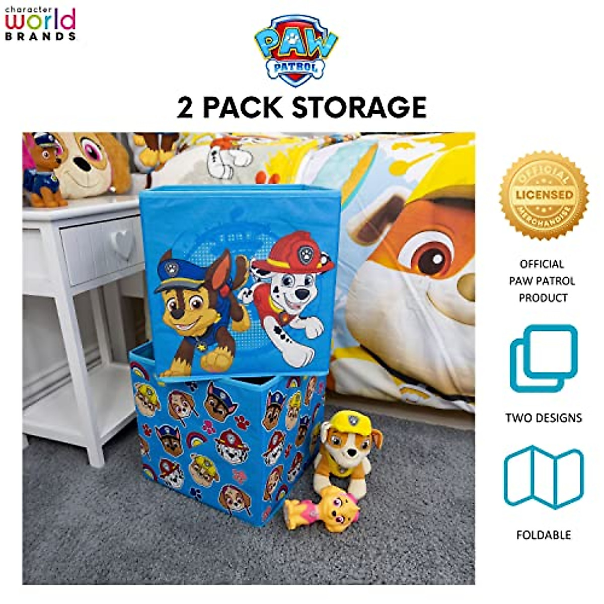 Character World Paw Patrol Officially Licensed Storage Boxes | 2 Pack Foldable Storage Cubes Tower Design | Perfect For Organising Children's Room, Kids Playroom