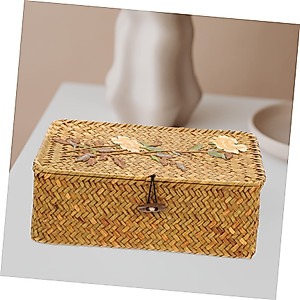 STOBAZA Rattan Storage Box Straw Embroidery Gift Box Simple Woven Basket Iron Lidded Box Rattan Basket