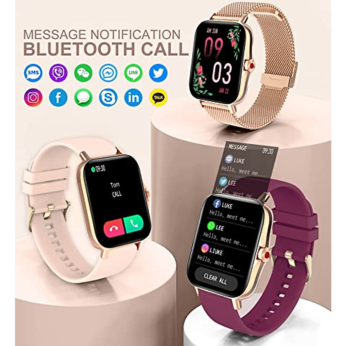 Iaret Smart Watch for Women(Call Receive/Dial), Fitness Tracker Waterproof Smartwatch for Android iOS Phones 1.7" HD Full Touch Screen Digital Watches with Heart Rate Sleep Monitor Pedometer, Gold
