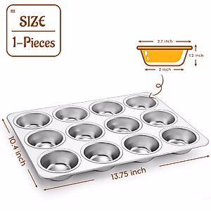 Muffin Pan Cupcake Baking Pan, P&P CHEF 12 Cups Muffin Tin Tray, Stainless Steel Muffin Top Pans for Baking Cake Muffin Tart Quiche, Oven & Dishwasher Safe, Non-toxic & Durable