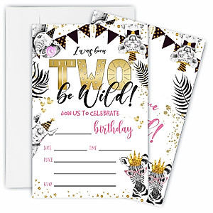 2nd Animals Theme Birthday Invitations - Born Two Be Wild - Birthday Party Invite Cards For Boys & Girls - 20 Double Side Fill-In Invites With Envelopes, Party Favor & Decorations - A09