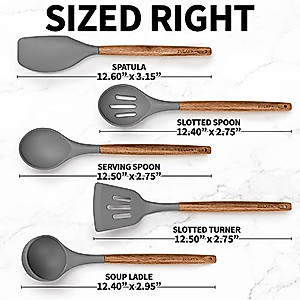 Zulay Kitchen Utensils Set - Non-Stick Silicone Cooking Utensils Set with Authentic Acacia Wood Handles - 5 Piece Silicone Utensil Set - Silicone Kitchen Utensils Set (Gray)
