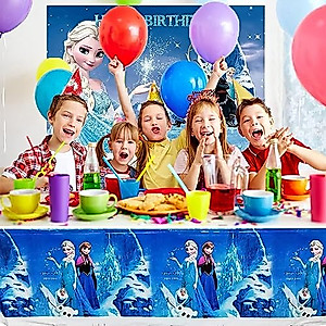 Frozen Elsa Princess Happy Birthday Party Decorations Supplies Girls Birthday Party Wall Backdrop and Tablecloth Photography Background Photo Banner for Kids Birthday Party