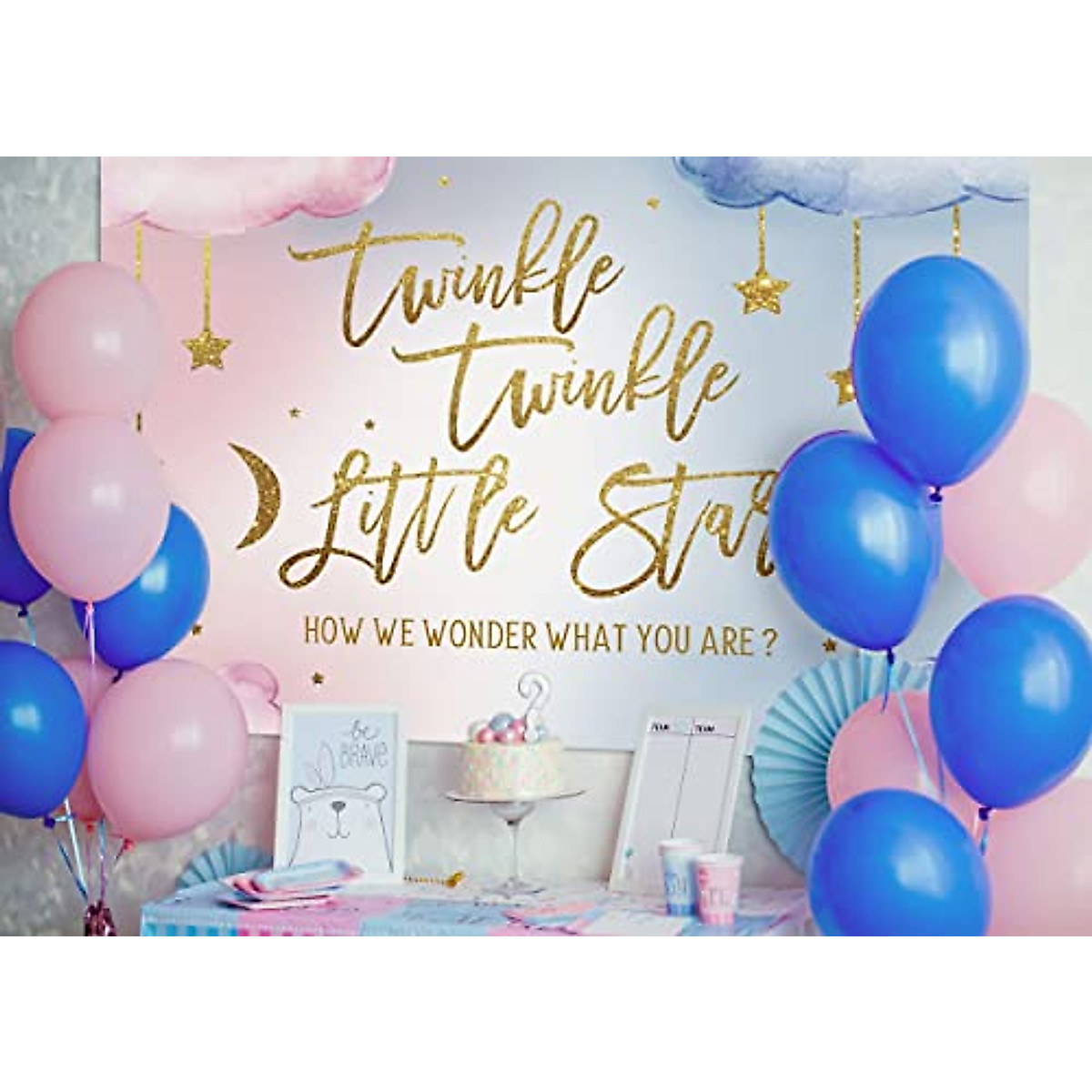 Lofaris Twinkle Twinkle Little Star Gender Reveal Backdrop Boy or Girl Pink or Blue How We Wonder What You are Golden Star Party Decoration Photography Background Cake Table Banner Wallpaper 7x5ft