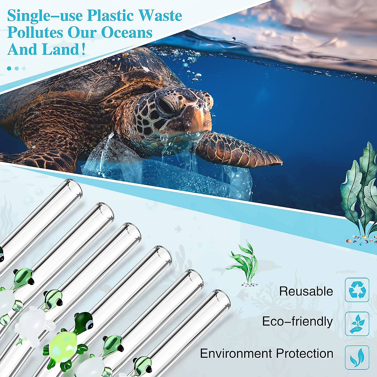10 Pcs Reusable Glass Straw with Turtle Clear Straws 7.9'' x 8 mm Cute Turtle Bent Straw with Design Shatter Resistant Drinking Straws 4 Cleaning Brushes for Beverages Smoothies Cocktails, 3 Styles