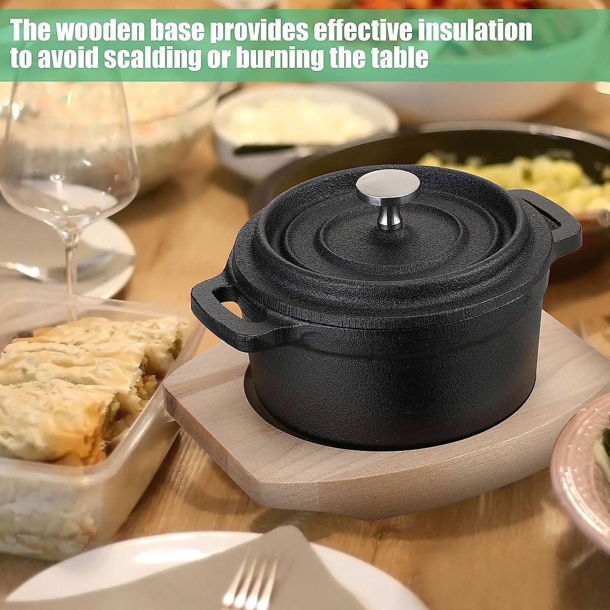 Suttmin 2 Sets Mini Dutch Oven Pot with Lid and Wooden Base Pre Seasoned Cast Iron Casserole Mini Cast Iron Pot Round Cocotte with Handle Heavy Duty Casserole Dish for Grill Oven, Black（8 oz）