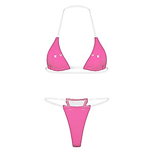 Fldy Women Invisible Straps Sexy Brazilian Bikini Set Latex Shiny Metallic Swimsuit Triangle Bathing Suit Hot Pink Medium