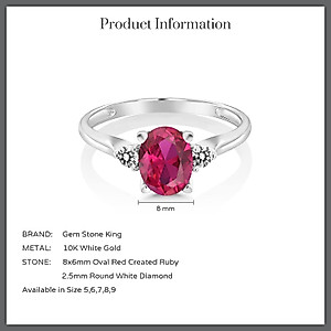 Gem Stone King 10K White Gold Oval Red Created Ruby and White Diamond Engagement Ring For Women (1.63 Cttw, Available In Size 5, 6, 7, 8, 9)