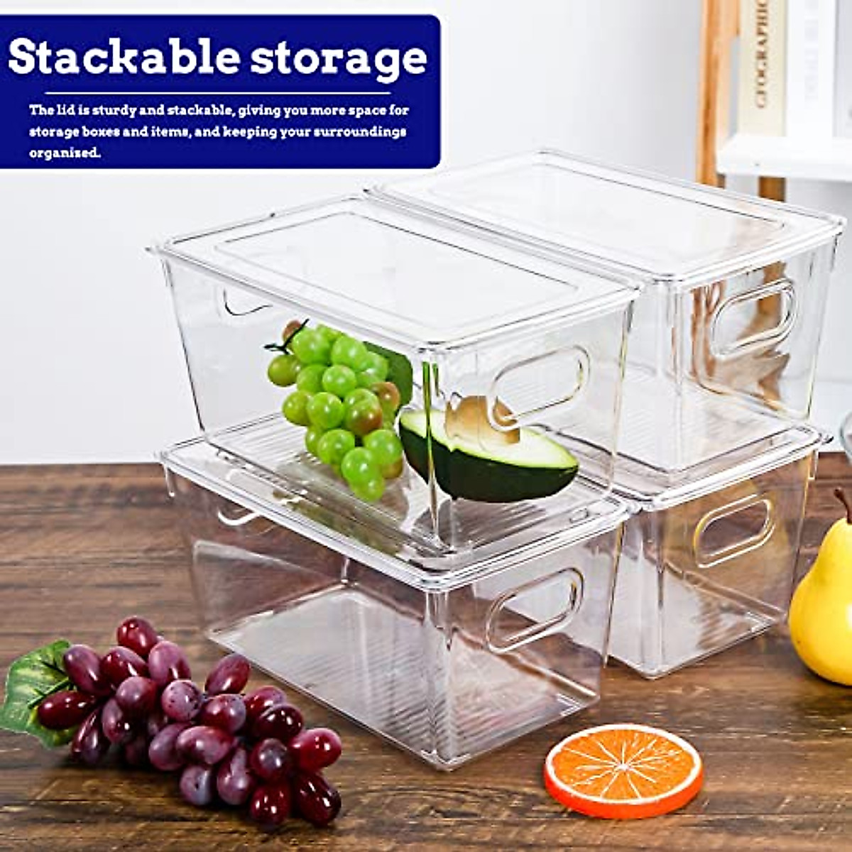HANSGO Refrigerator Organizer Bins with Lid, 4PCS Stackable Organizer Basket Bins with Handles Clear Plastic Pantry Organizer and Storage Bins for Fridge Kitchen Bedroom Office