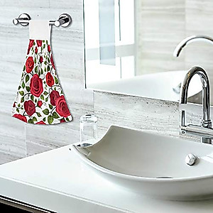 YYZZH Red Rose Flower with Green Leaf Floral Print Valentines Day Design Kitchen Hand Towels with Hook & Loop Set of 2 Absorbent Bath Hand Towel Hanging Tie Towel