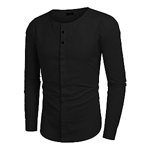 COOFANDY Men Fashion Banded Collar Linen Shirts Button-up Yoga Shirts(Black, Large)