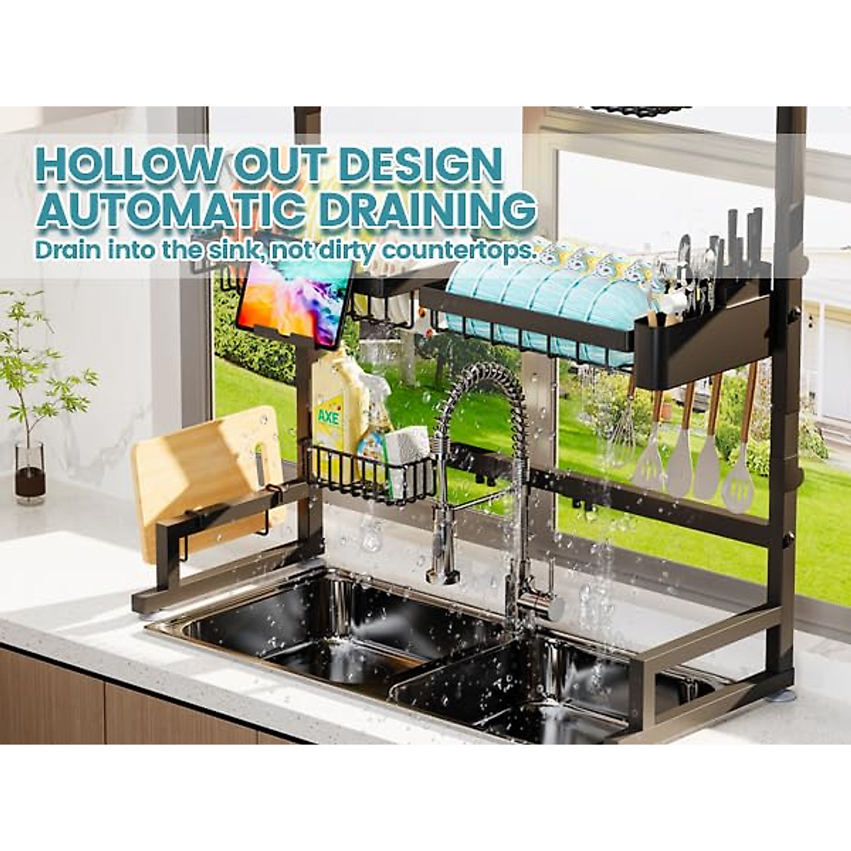 ADBIU Over The Sink Dish Drying Rack (Expandable Height and Length) Snap-On Design 2 Tier Large Dish Rack (27-36L x 12W x 32.5-37H (inches))